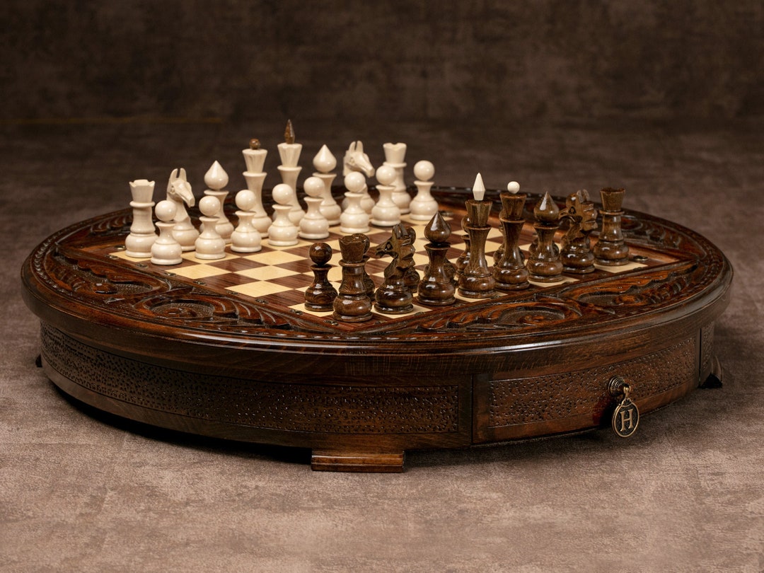 Handmade Round Wood Chess Board With Storage Drawers - Etsy