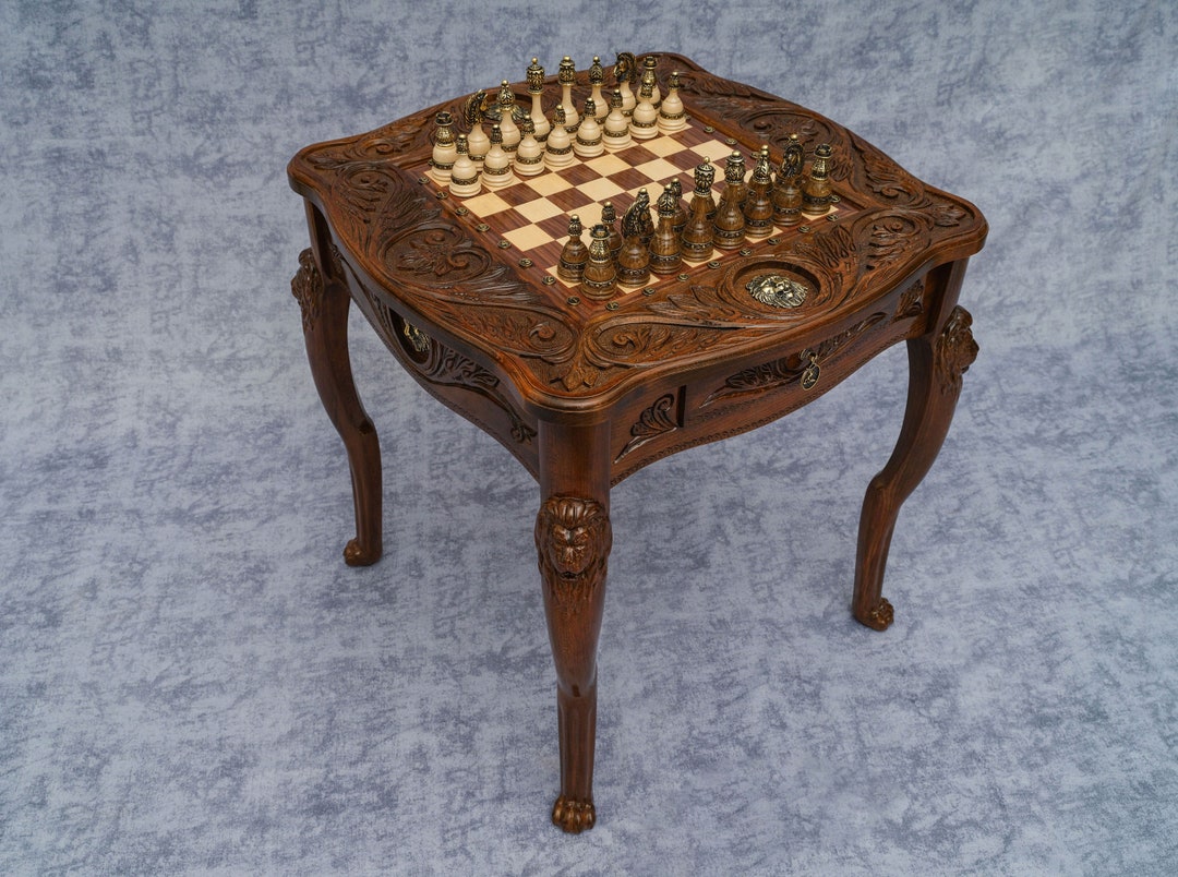Custom Engraved Chess Table W/ Lion, Wooden Chess Set, Checker Board ...
