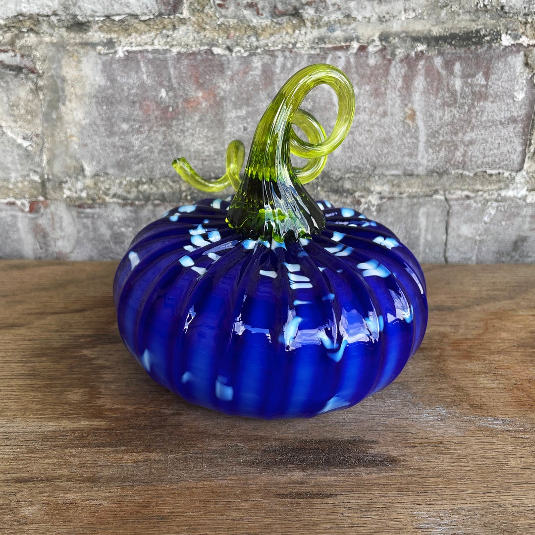 Dark Blue With White Spots Glass Pumpkin, Blown Glass, Fall Décor ...