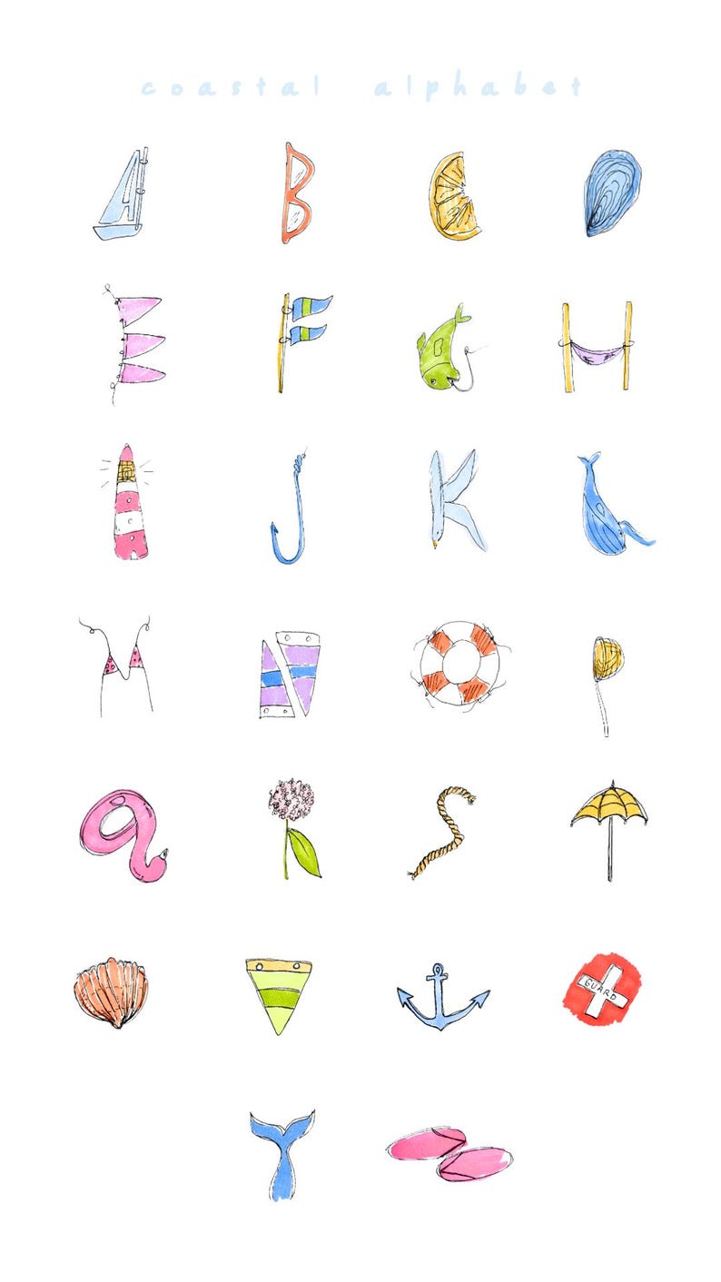 Wall Art - Whimsical Coastal Alphabet Print - PDF Download - Nursery ...