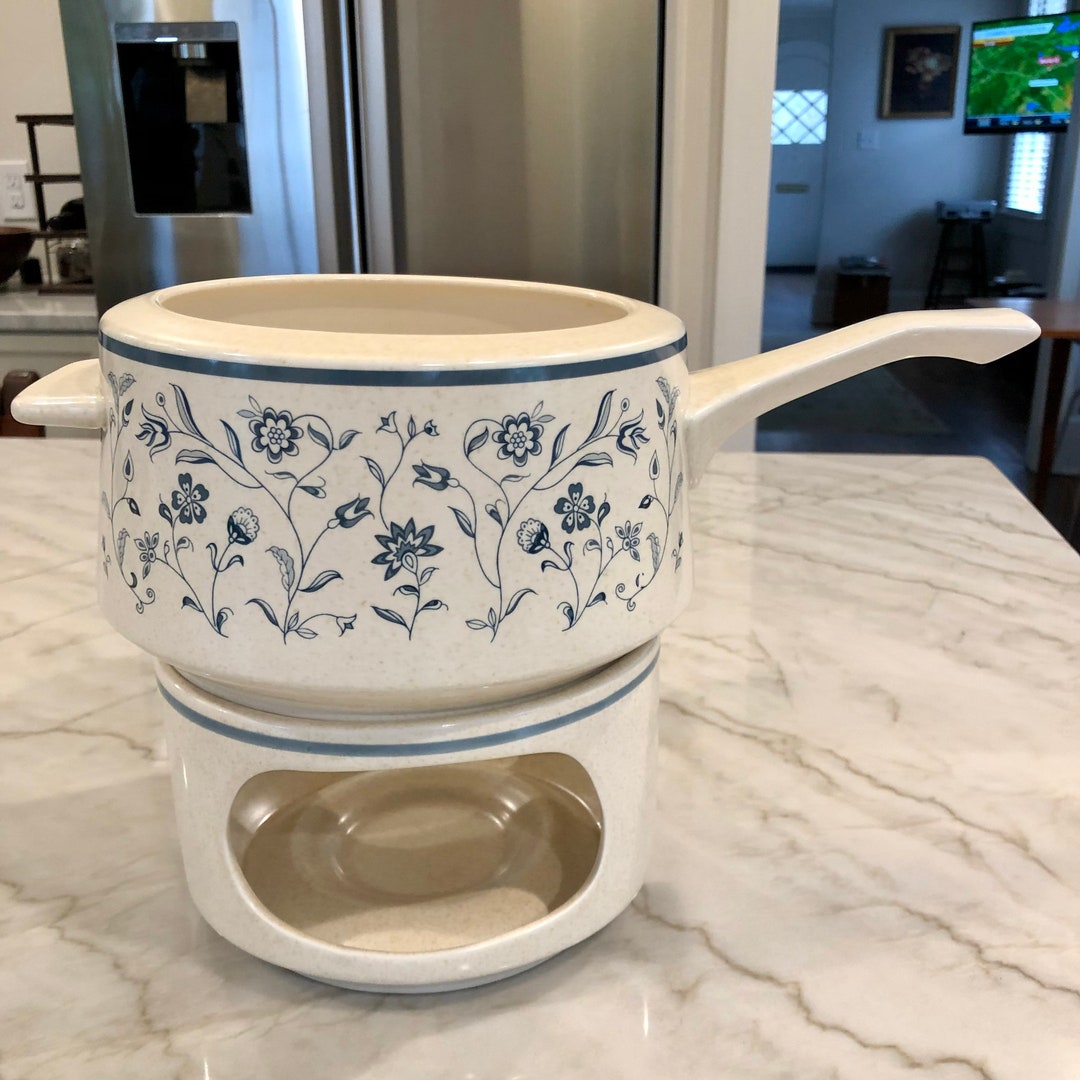 RESERVED Fondue Pot and Warmer Stand blue Breeze Temperware Stoneware ...