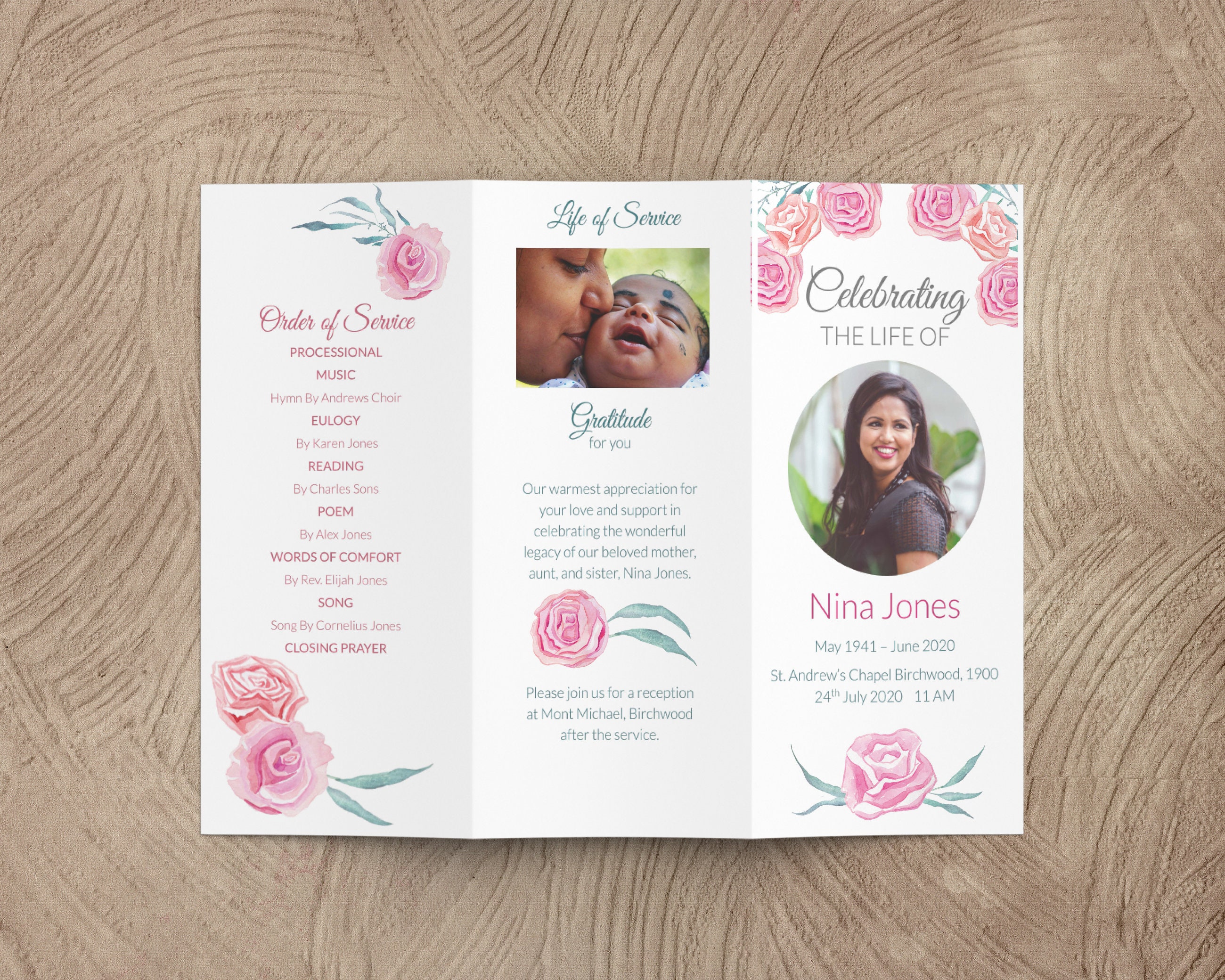 Pink Roses Funeral Brochure Trifold for Woman Church Service - Etsy