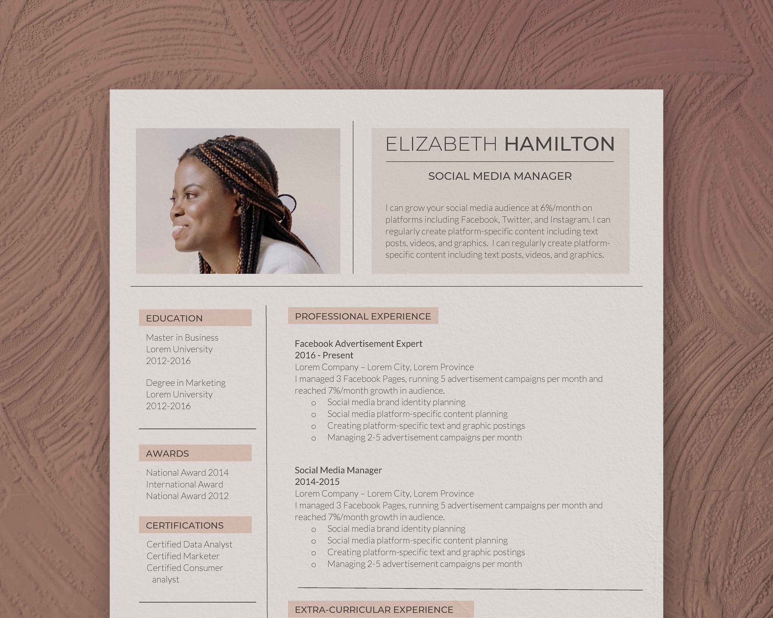 1 Page Beige Resume Template With Photo, Pops of Color, Google Docs and ...