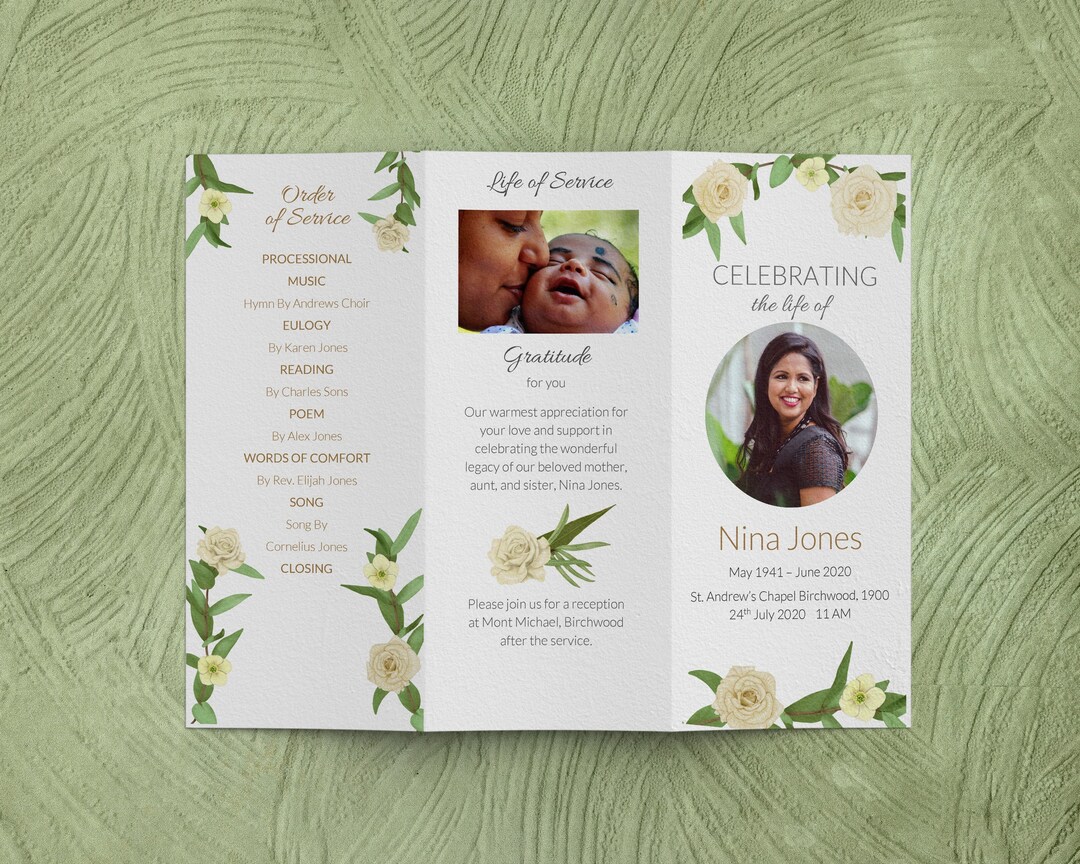 White Roses Funeral Brochure Trifold for Google Docs and Microsoft Word ...