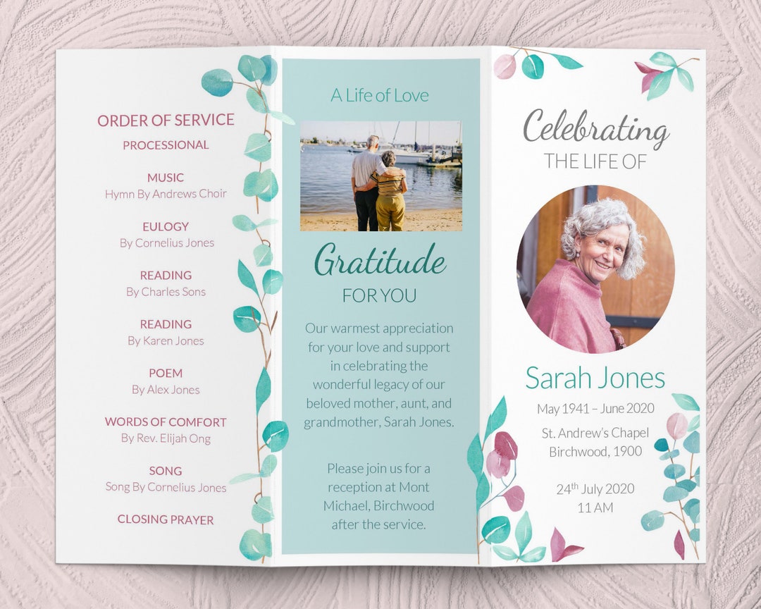 Trifold Funeral Brochure DIY, Floral Greenery Watercolor Template for ...