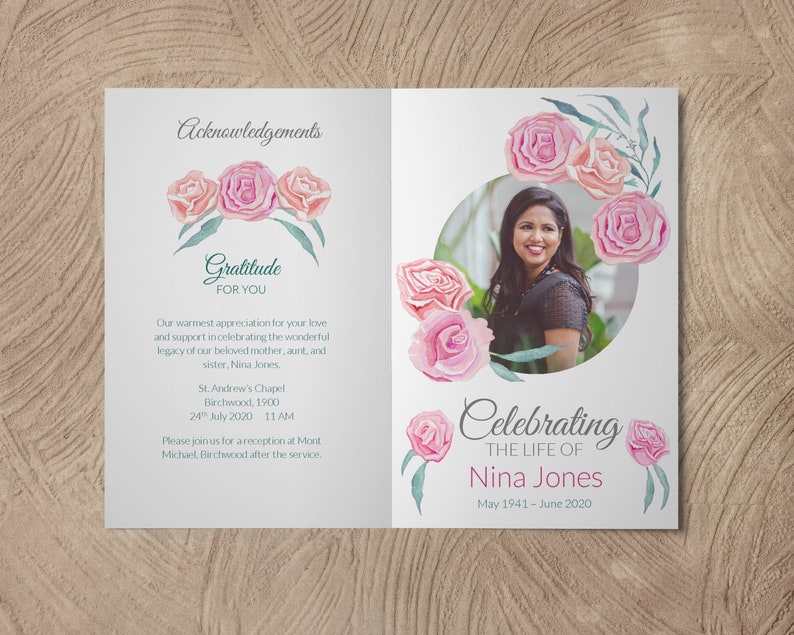 Funeral Program Woman With Pink Roses and Pictures, Keepsake Bookmark ...