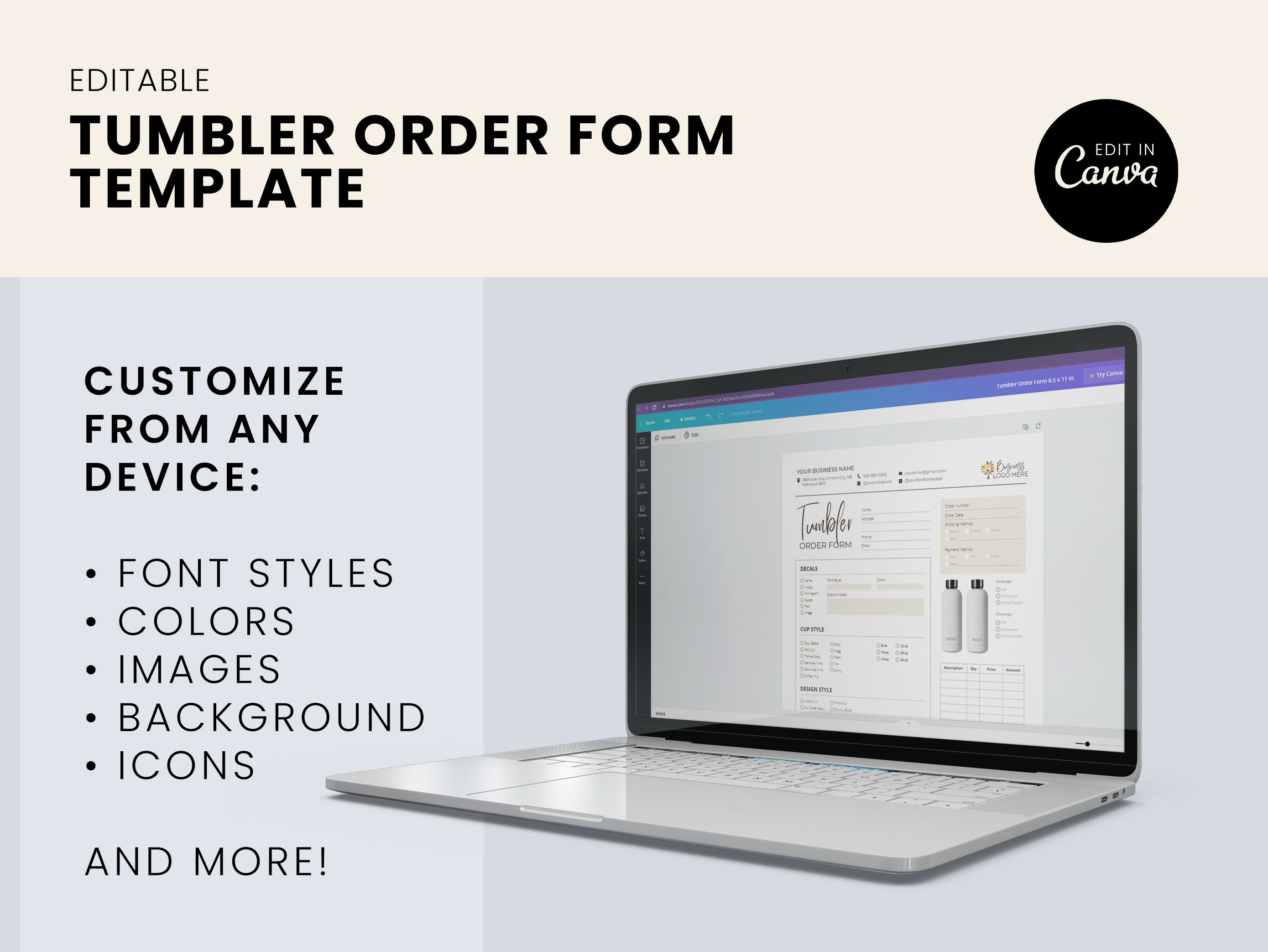 Tumble Order Form Canva Template Editable Template Tumbler - Etsy