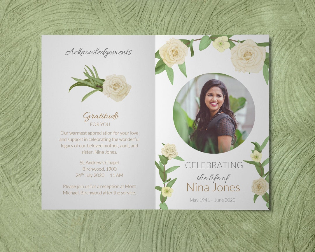 Personalized Funeral Program for Woman With White Roses and Pictures ...