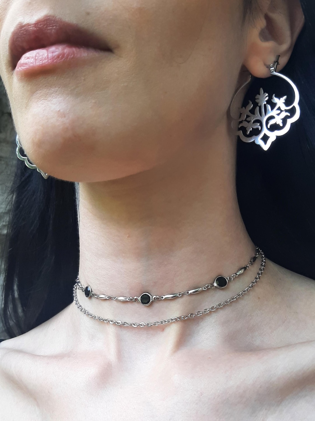 Cryptic Black Gem Double Layer Necklace: Gothic Stainless Chain Choker ...