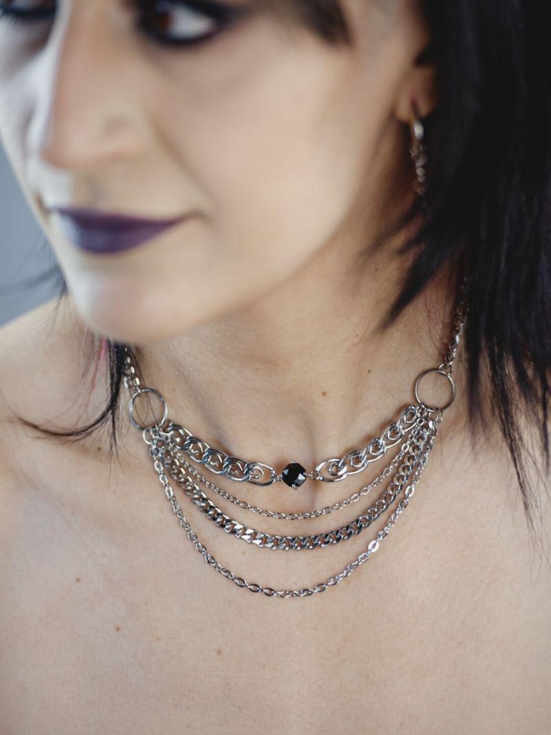 Hypnosis Layered Stainless Steel Chain Necklace: Gothic Black Crystal ...