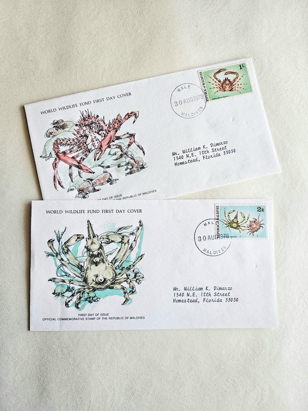 Set of 2 - Illustrated Crab Envelopes World Wildlife Fund First Day ...