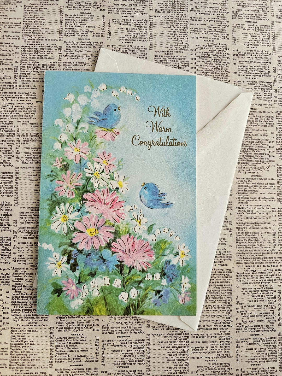 Vintage Congratulations Bird and Flowers Greeting Card and Envelope ...
