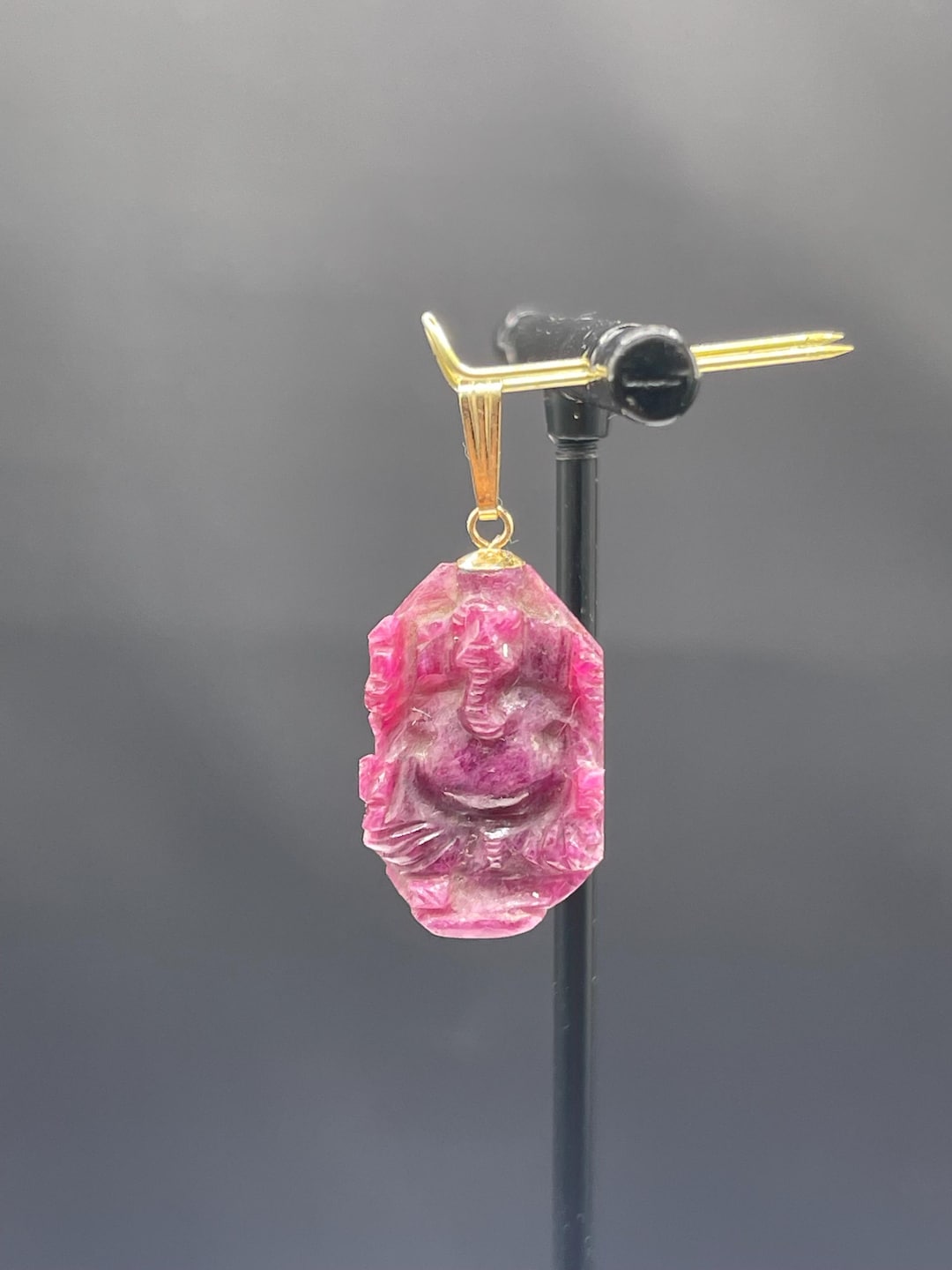 Natural 21 Carat Ruby Hand Carved Lord Ganesh Pendant With 14k Yellow ...