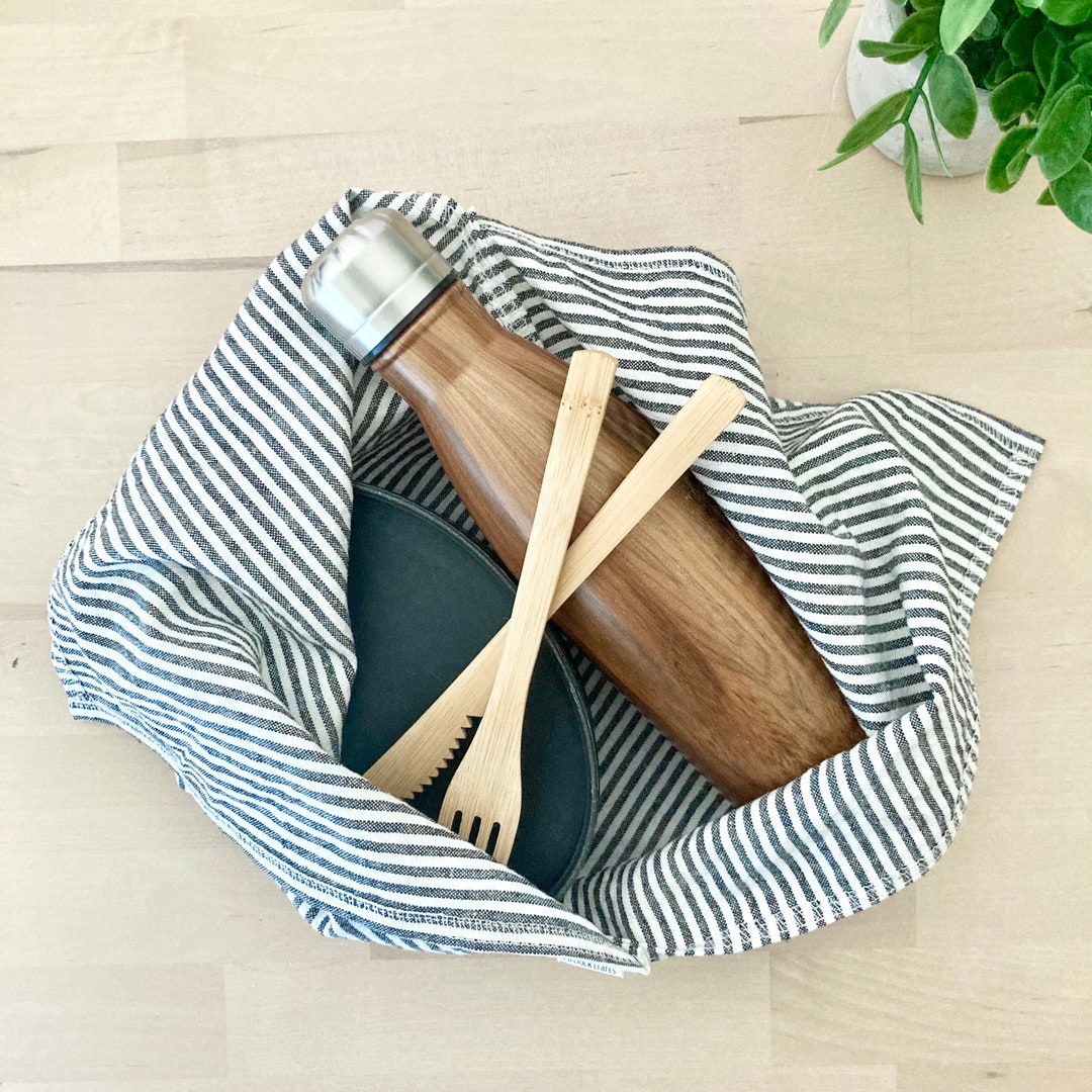 Black and White Striped LINEN BLEND Bento Bag, Fabric Lunch Bag, Bento ...