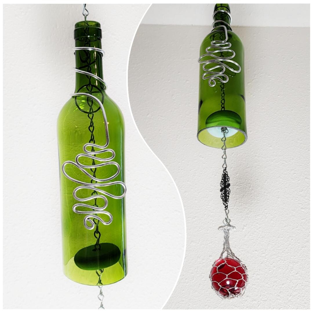 Whimsical Recycled Green Bottle Wind Chime With Wire-wrapped Red Orb ...