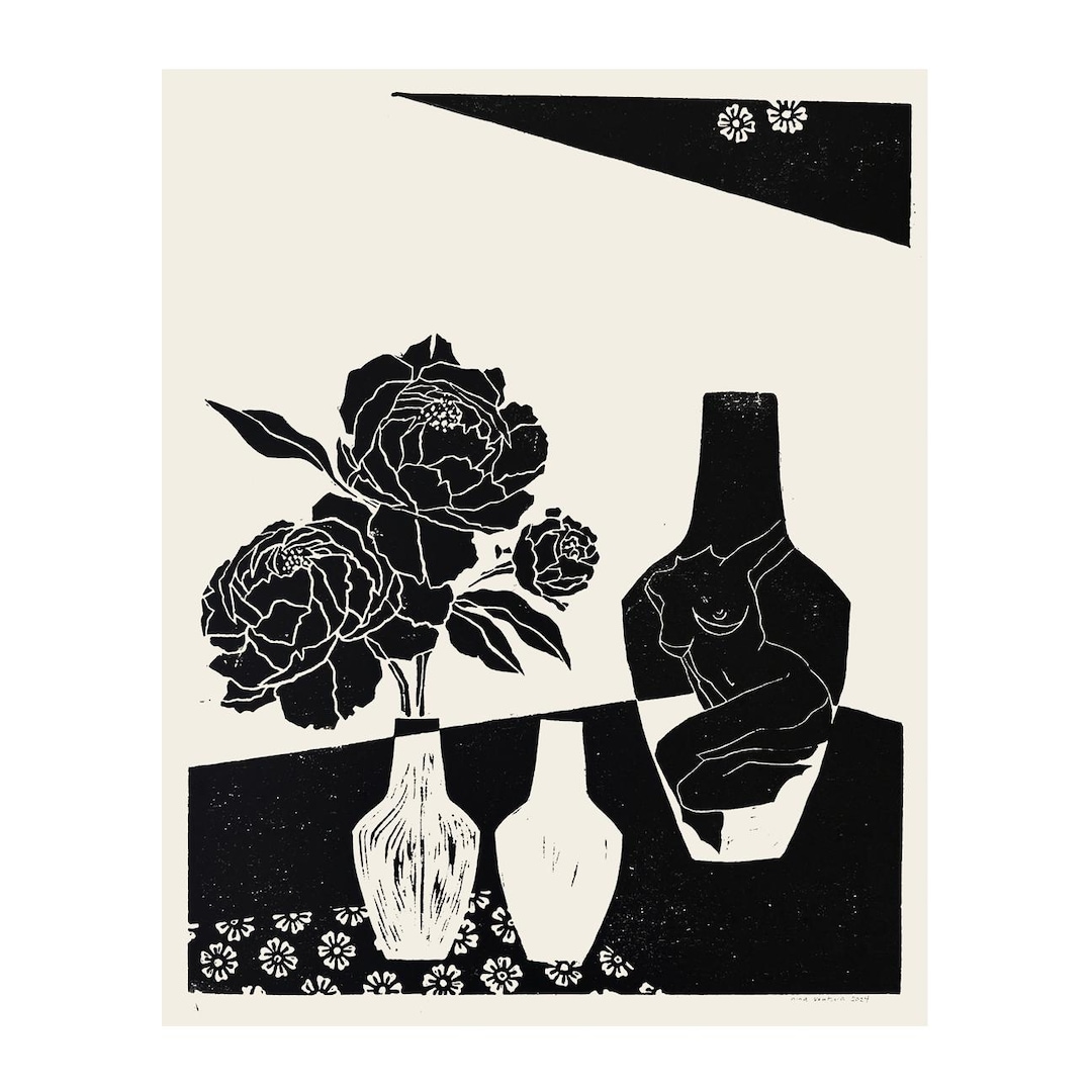 Floral Still Life Linocut Print | Hand Carved | Female Figure - Etsy