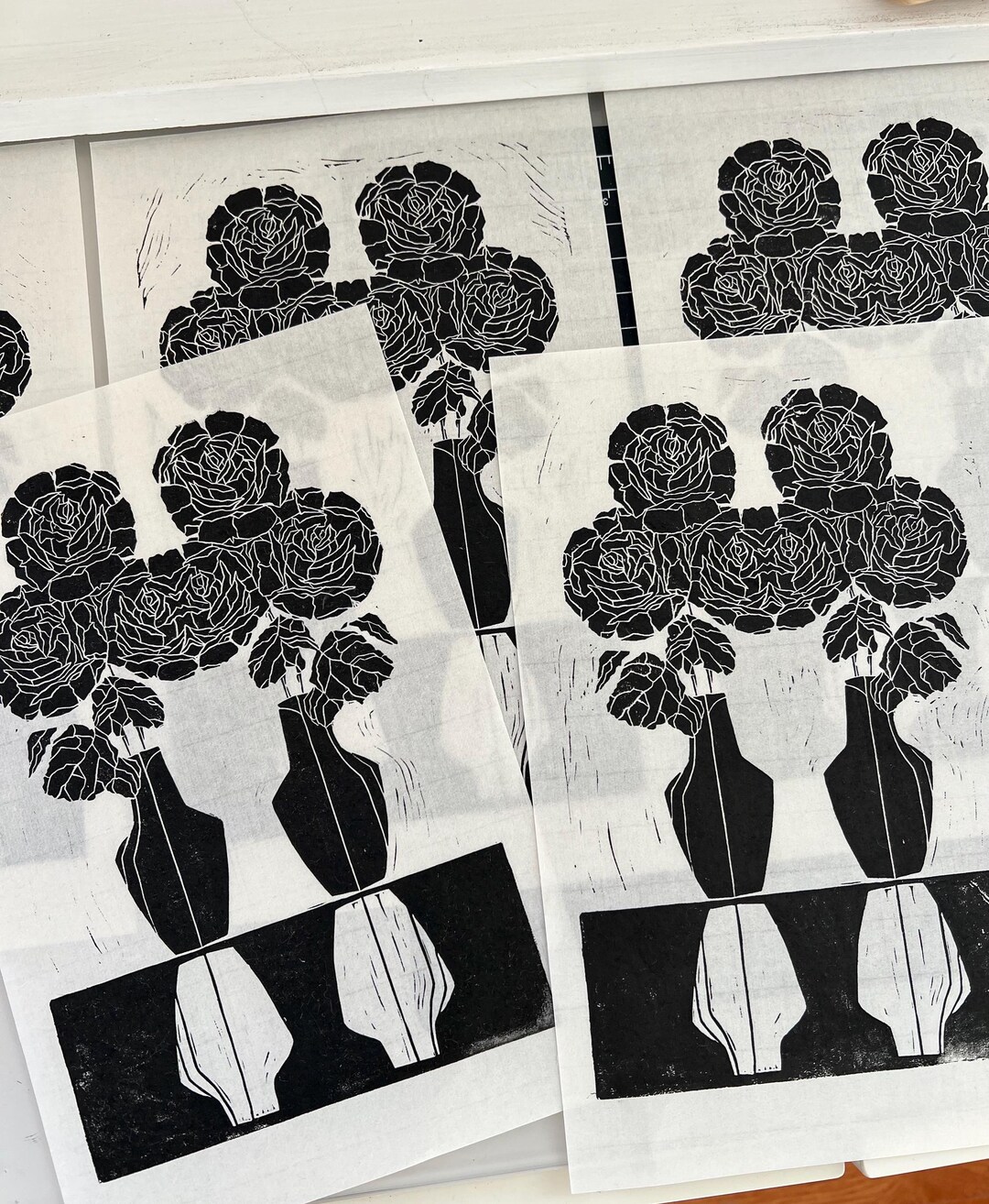 Floral Still Life Linocut Print | Hand Carved | Roses Vase Symmetry ...