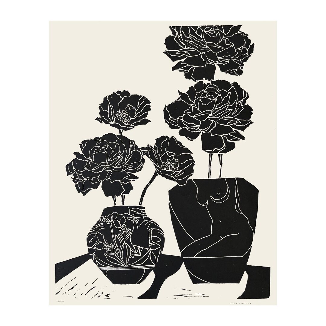 Floral Still Life Linocut Print | Hand Carved | Female Figure - Etsy