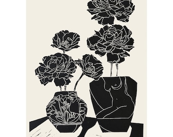 Floral Still Life Linocut Print | Hand Carved | Botanical Cherries Hand ...