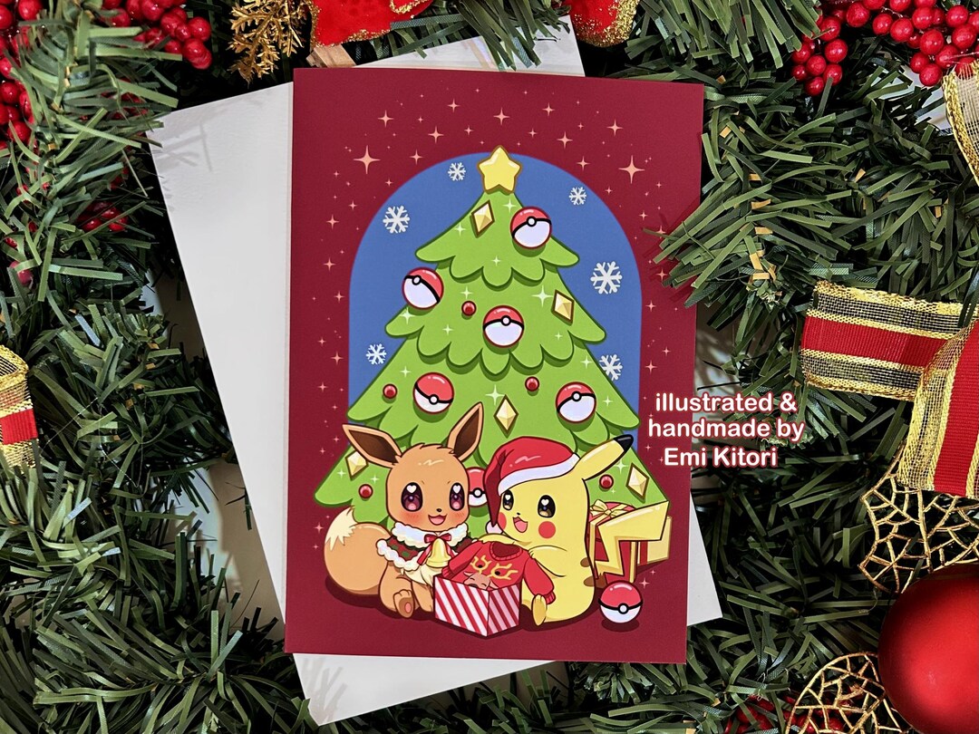 Cute Pokémon Christmas Card With Eevee Pikachu Under Christmas Tree - Etsy