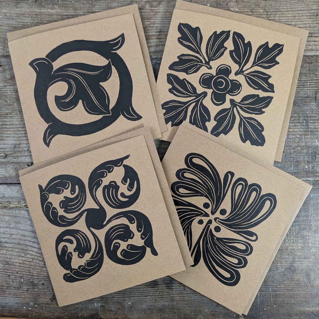 Set of 4 Victorian Tile Handprinted Linocut Cards - Etsy