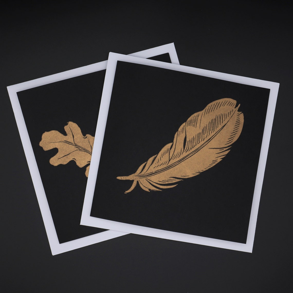 Set of 4 Handprinted Lino Cards of Gold Feathers and Oak | Etsy