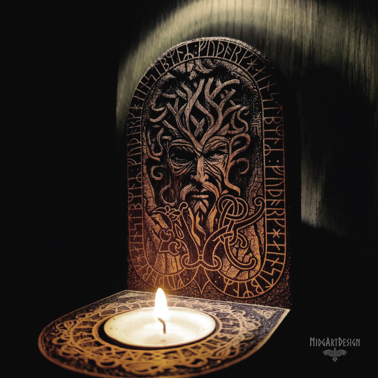 Candlestick With Odin and Runes, Altar Pagan Ritual Decor, Wooden ...