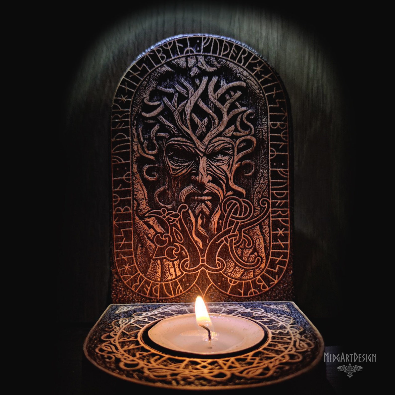 Candlestick With Odin and Runes, Altar Pagan Ritual Decor, Wooden ...