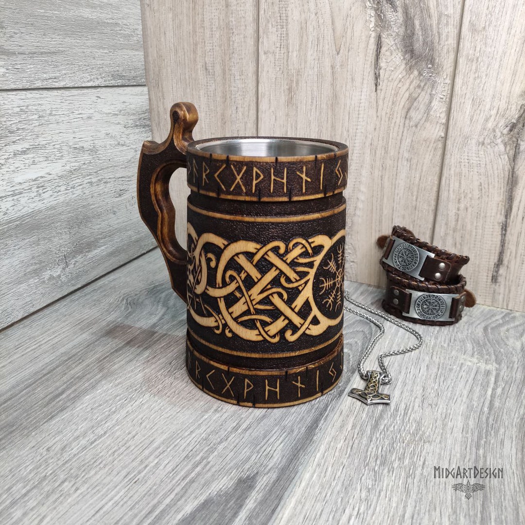 Wooden Viking Mug With Runes and Agishjalm, a Gift for a Connoisseur of ...