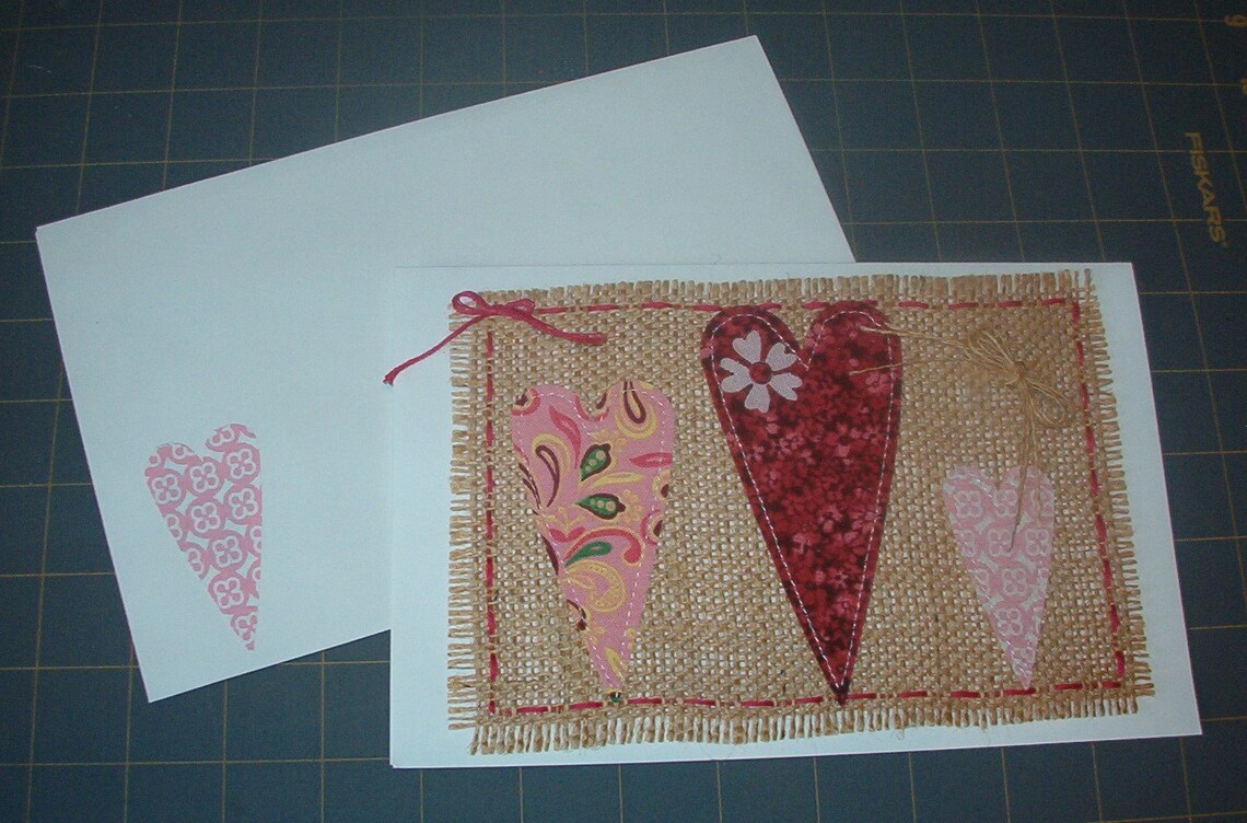 Primitive Hearts Burlap Blank Greeting Card With Envelope Pink Red ...