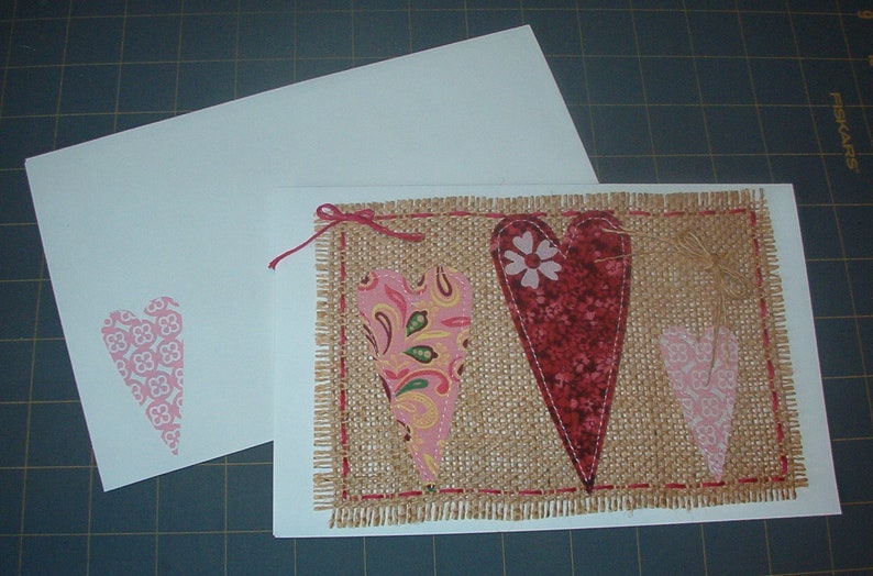 Primitive Hearts Burlap Blank Greeting Card With Envelope Pink Red ...
