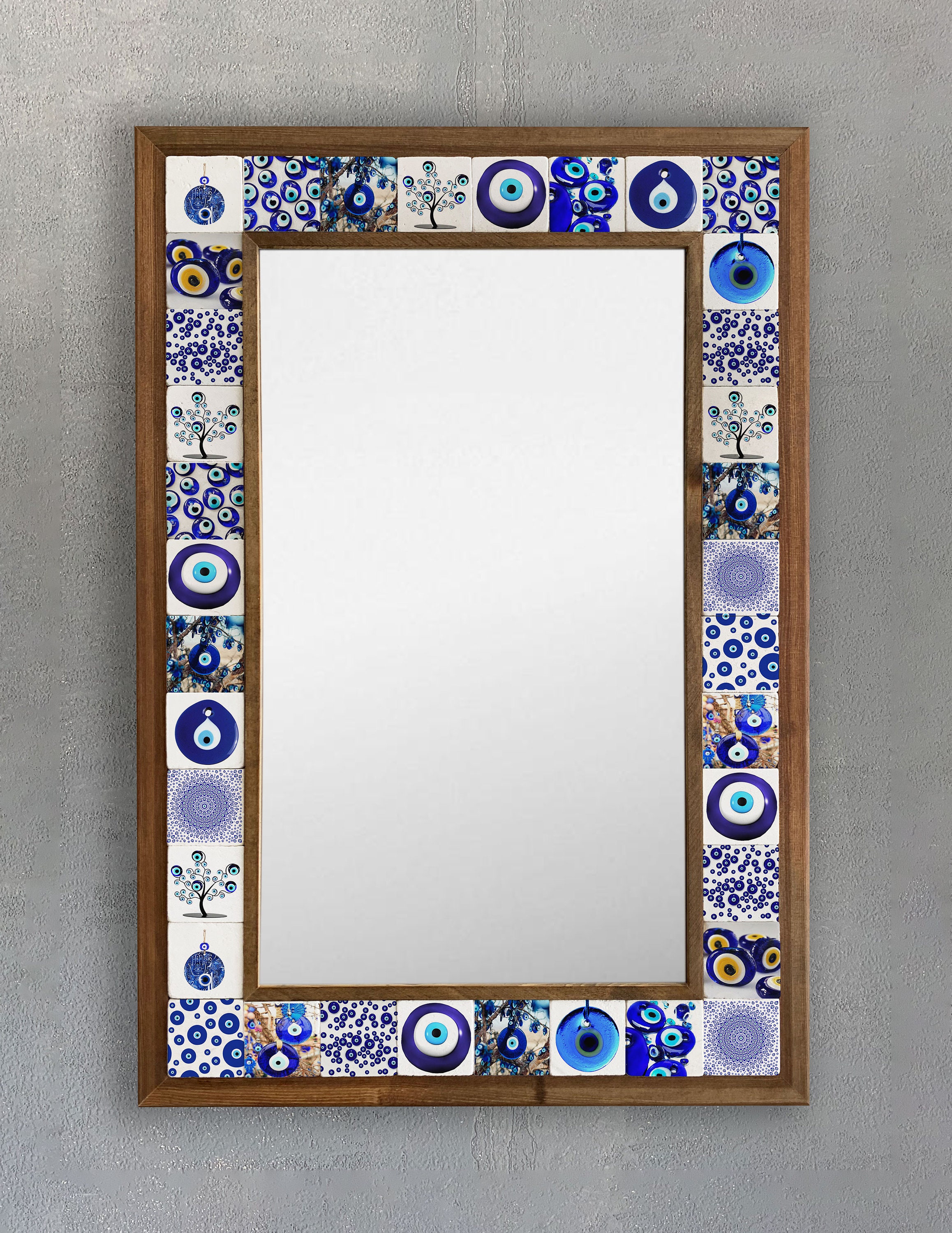 Evil Eye Bead Stone Mirror Tiles Wall Art Handmade Wooden - Etsy UK