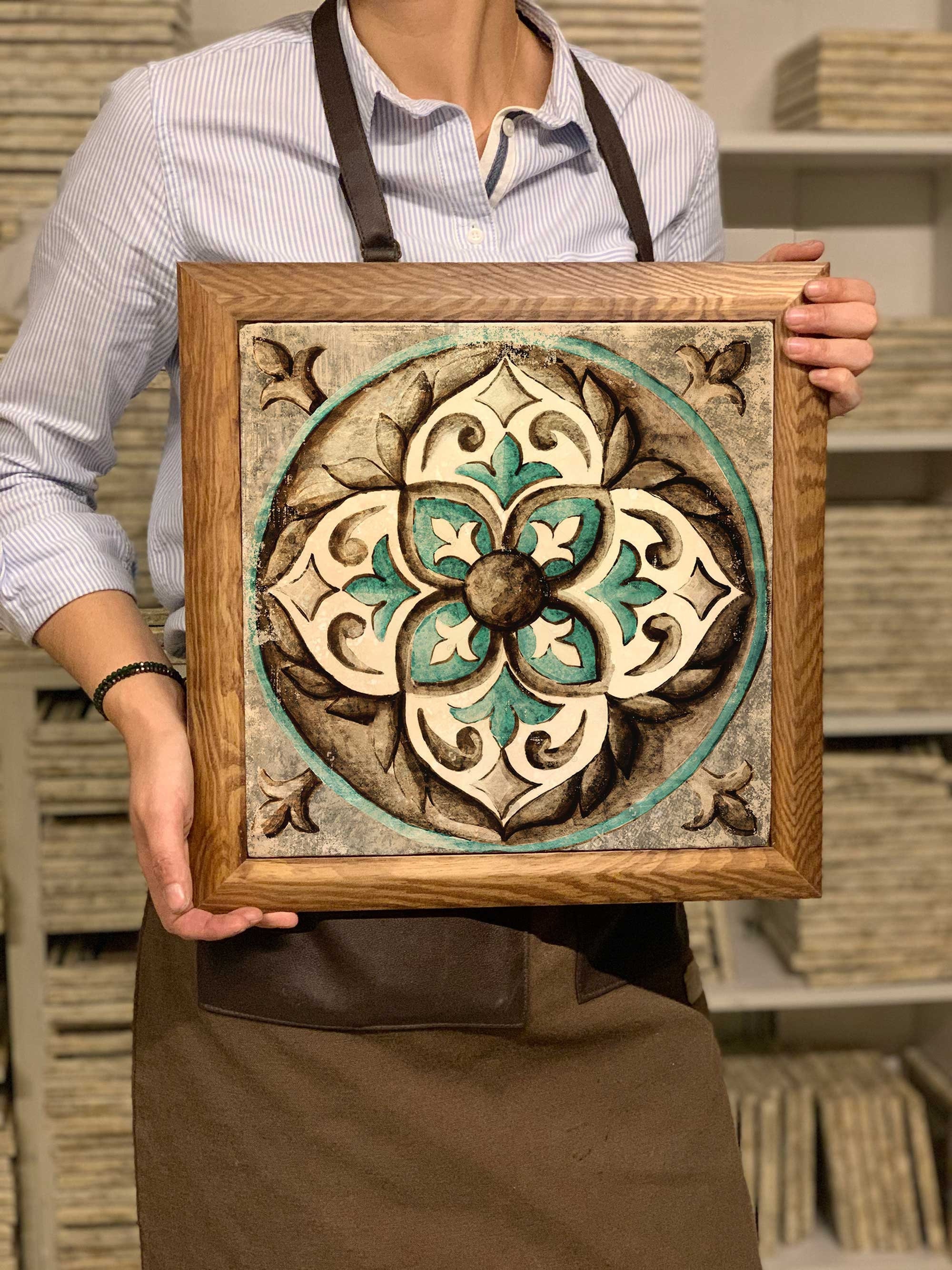 Wooden Frame Stonewall Decorative Tile Floral Ceramic Wall | Etsy