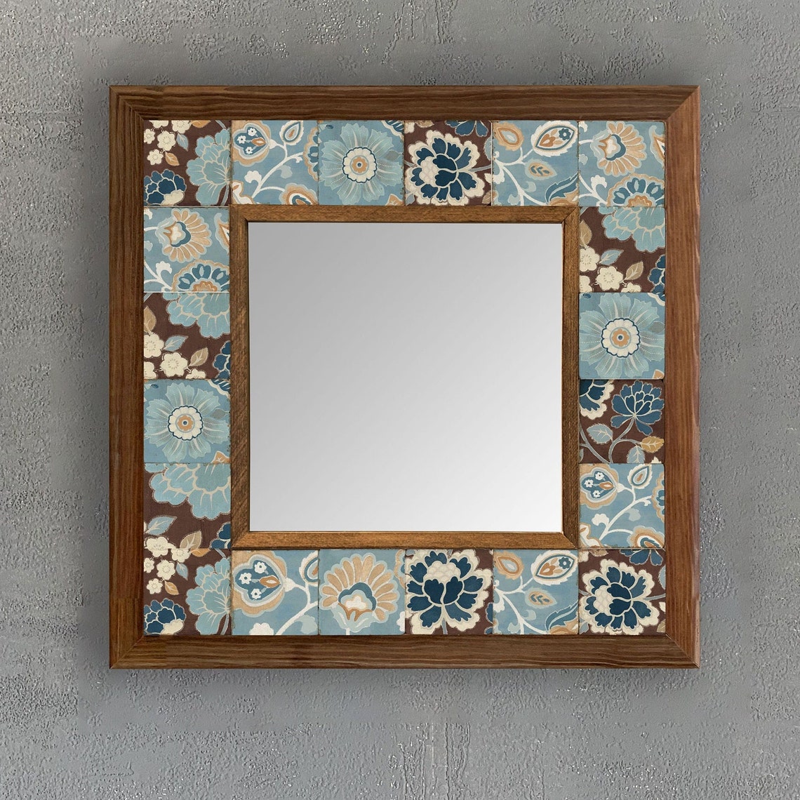 Vintage Mirror Tile Mirror Frame Wood Wall Mirror Blue - Etsy