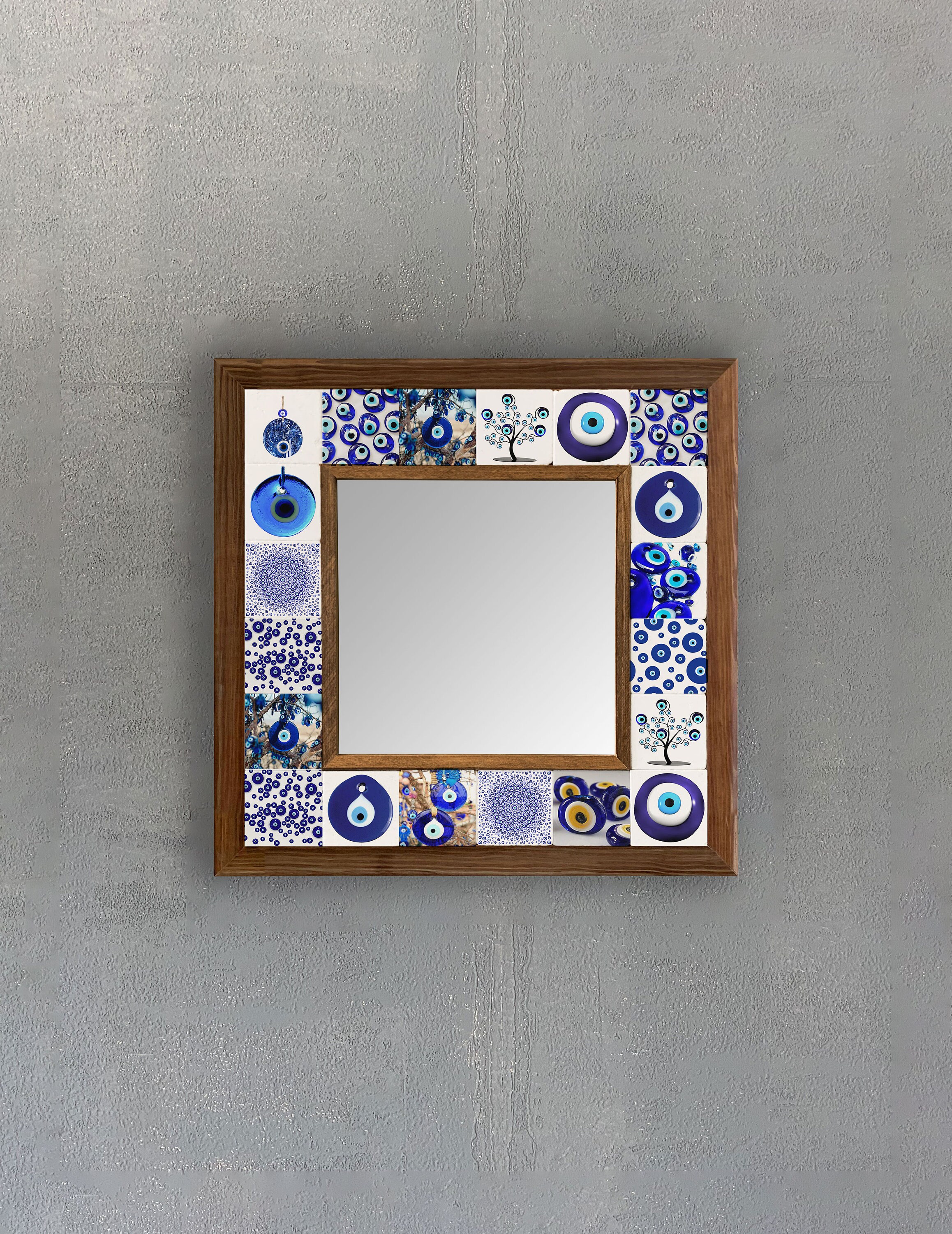 Evil Eye Bead Stone Mirror Tiles Wall Art Handmade wooden | Etsy