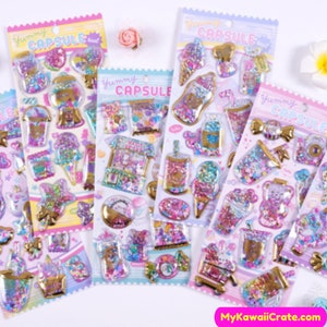 Kawaii Glittery Capsule 3D Puffy Stickers Kawaii Stickers, Cute ...