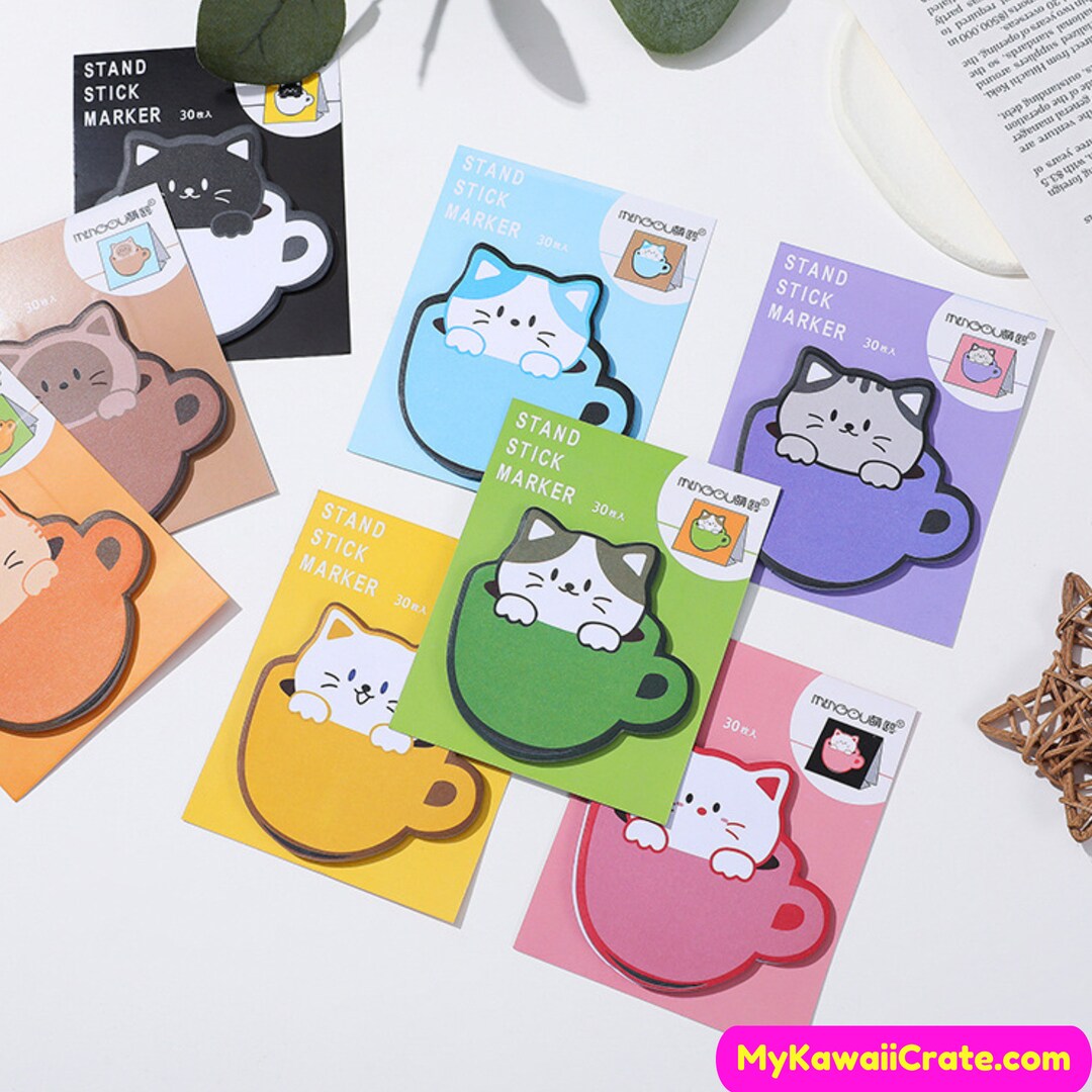 Kawaii Cat in a Cup Standing Sticky Notes 30 Sheets Set Funny Cat ...