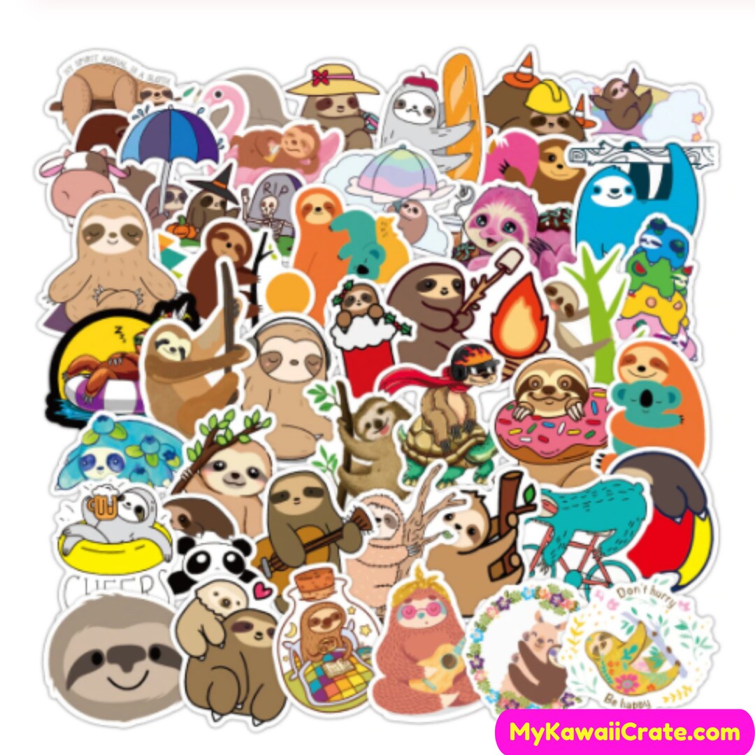 Kawaii Lazy Sloths Waterproof Stickers 50 Pc Pack Sloth Stickers ...