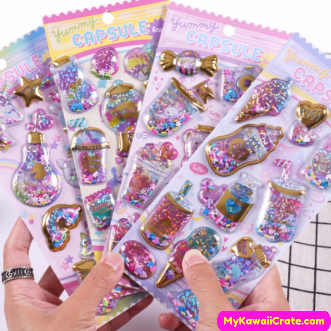 Kawaii Glittery Capsule 3D Puffy Stickers Kawaii Stickers, Cute ...