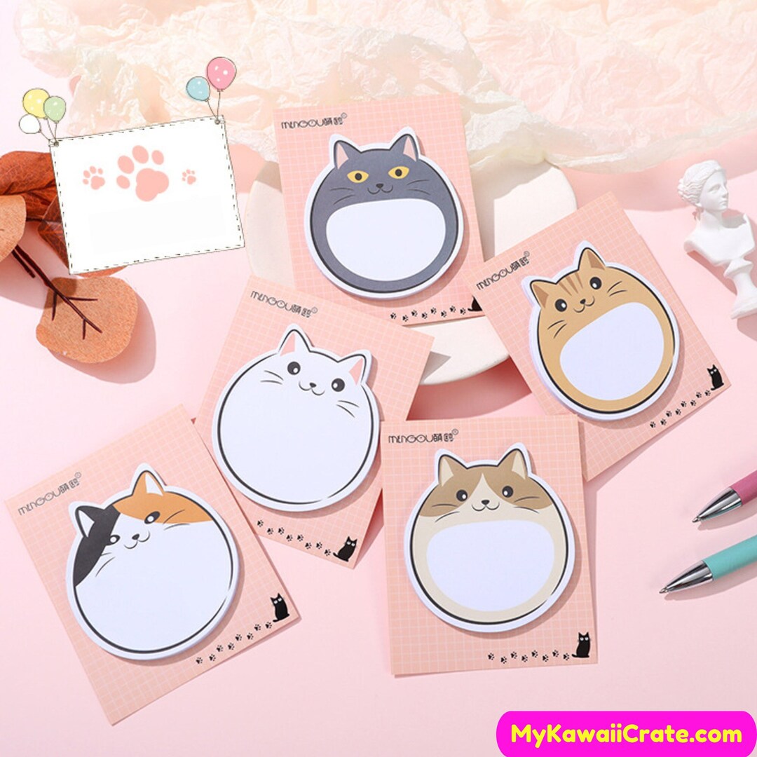 Kawaii Chubby Cats Sticky Notes 30 Sheets Pack Funny Cat Self Adhesive ...