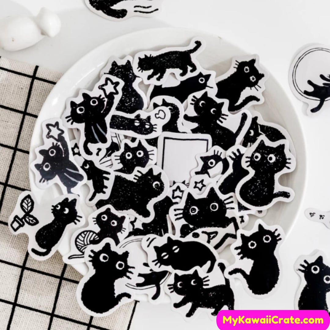Kawaii Cute Black Cats Decorative Stickers 45 Pc Set Black Cat Stickers ...