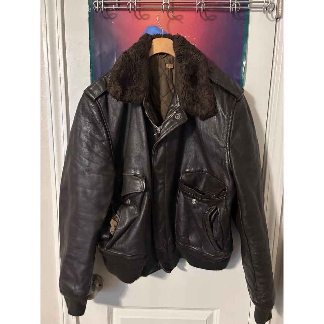 Vintage 70s Aviator Brown Leather Bomber Jacket Fur Collar Quilted ...
