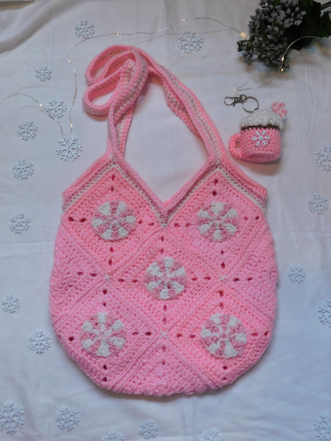 Crochet Pink Peppermint Bag and Keychain Set, Peppermint Tote Bag ...