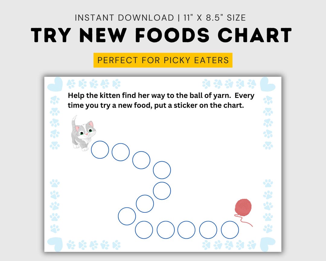 Trying New Foods Chart PDF, Picky Eater Chart, Kitten-theme - Etsy