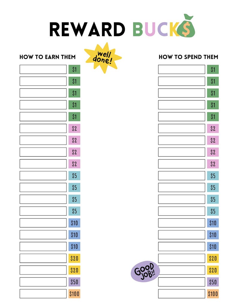 Kids' Reward Bucks With Chores & Rewards List - Etsy