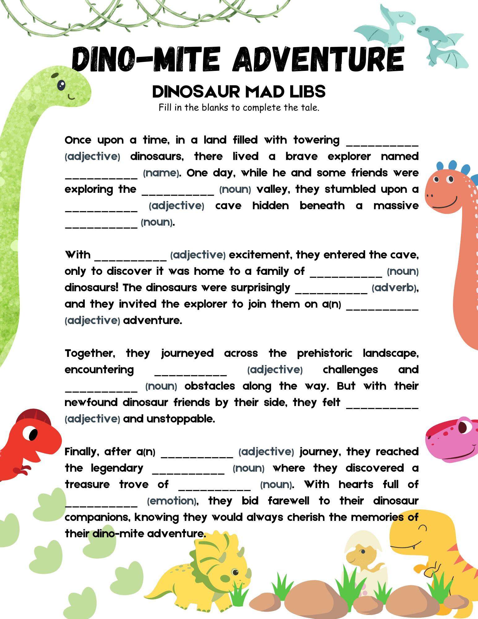 Dinosaur Mad Libs Adventure Printable Activity - Etsy