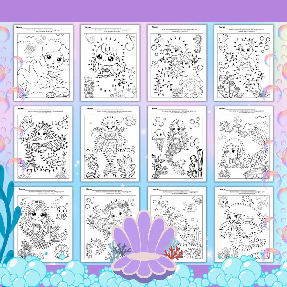 Mermaid Dot to Dot Coloring Pages for Kids - Etsy