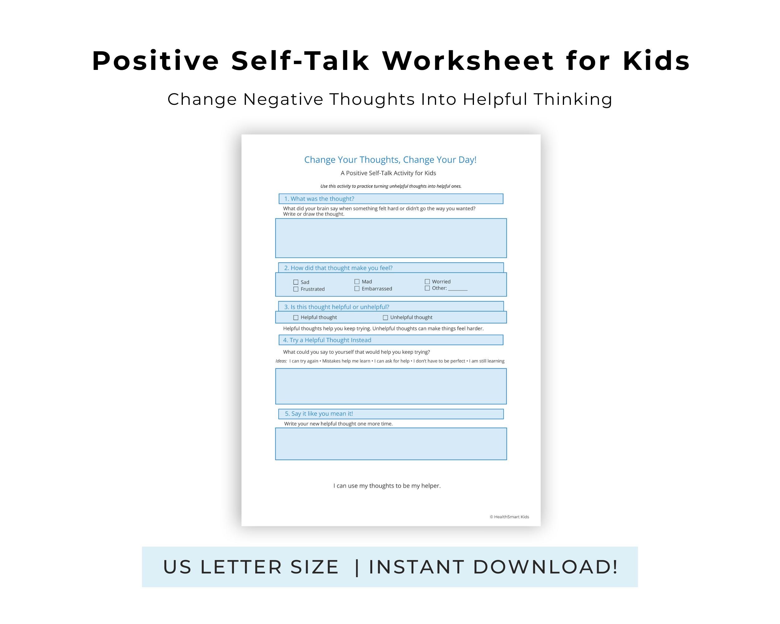 Positive Self Talk Worksheet for Kids | Change Negative Thoughts ...