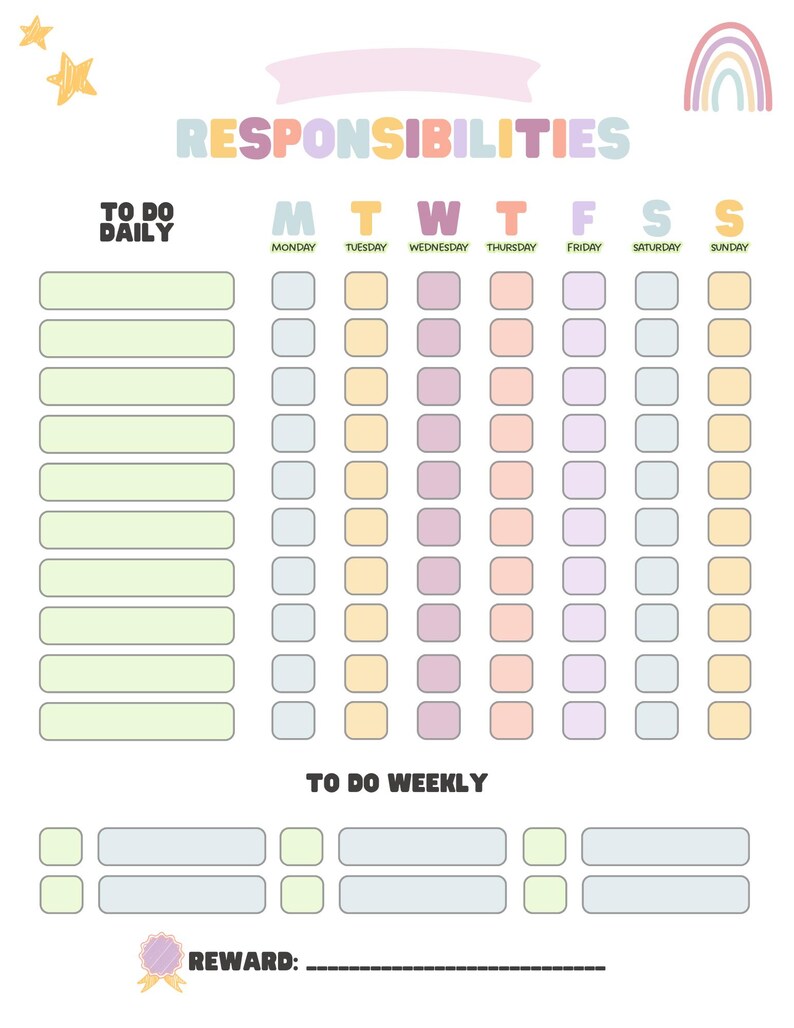 Printable Responsibilities Chart for Kids Chore Checklist - Etsy