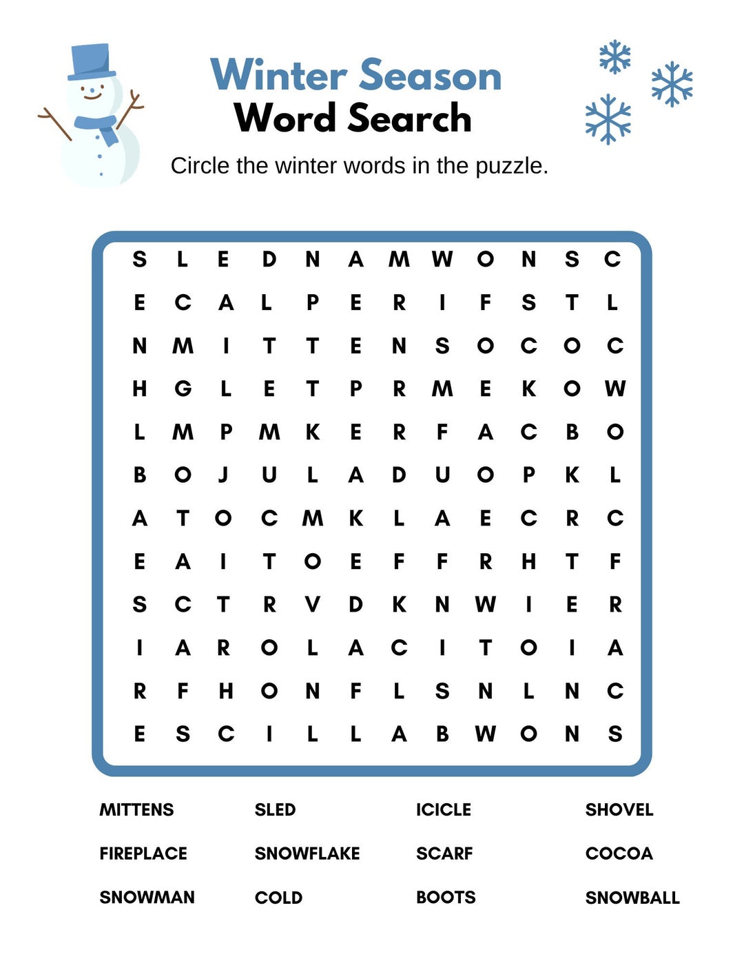 Winter Word Search Puzzle for Kids - Etsy